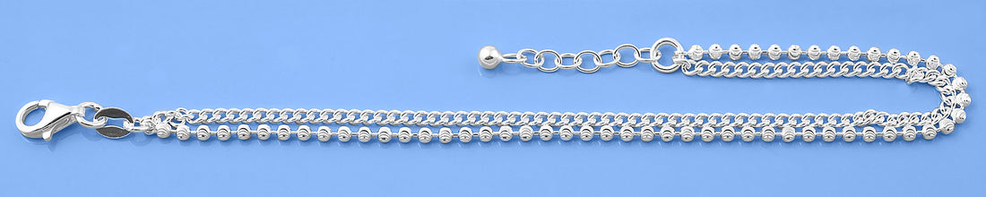 AK210541 Sterling Silver Double Chain Bead and Curb Anklet | Wholesale ...