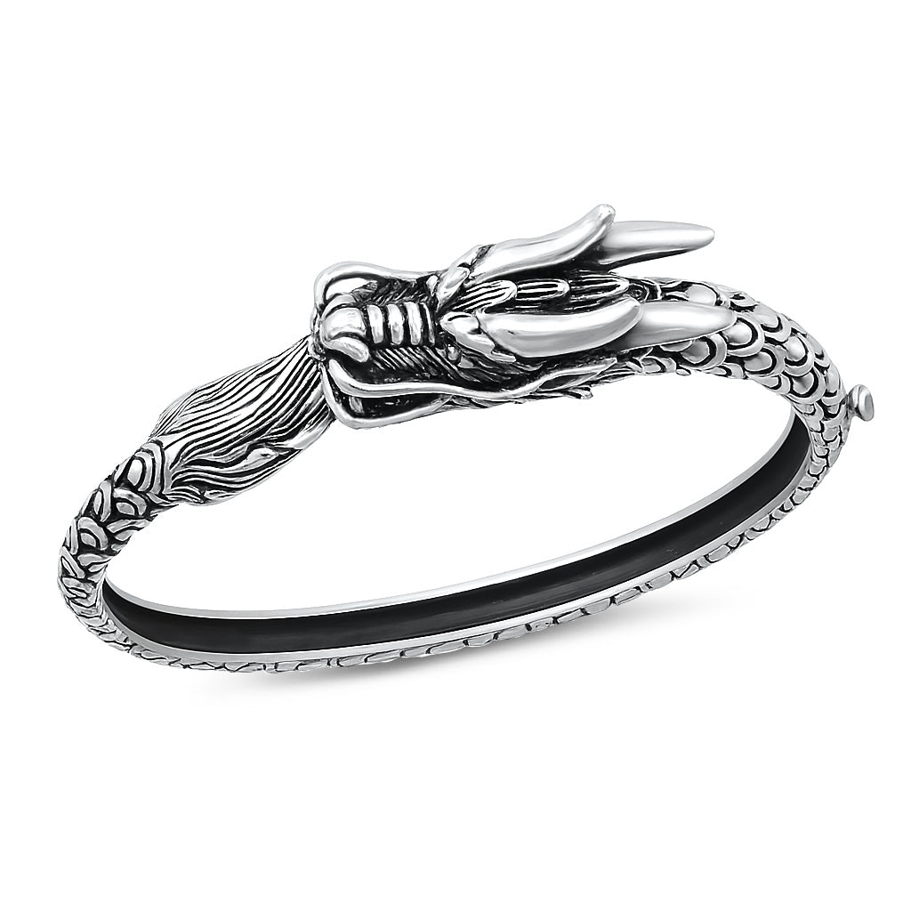 BB560473 – Wholesale Sterling Silver Dragon Bangle – Detailed Mythical ...