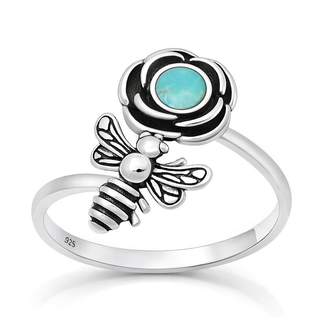 RS132036-TQ Sterling Silver Turquoise Bee & Flower Ring – Wholesale 925 ...